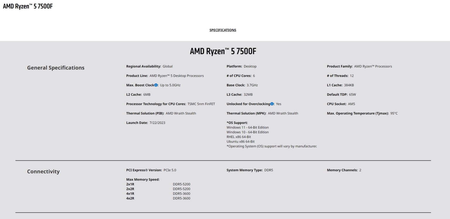 AMD RYZEN 5 7500F 6-Core 12-THREAD up to 5.0GHz AM5 Processor MPK Tray ...